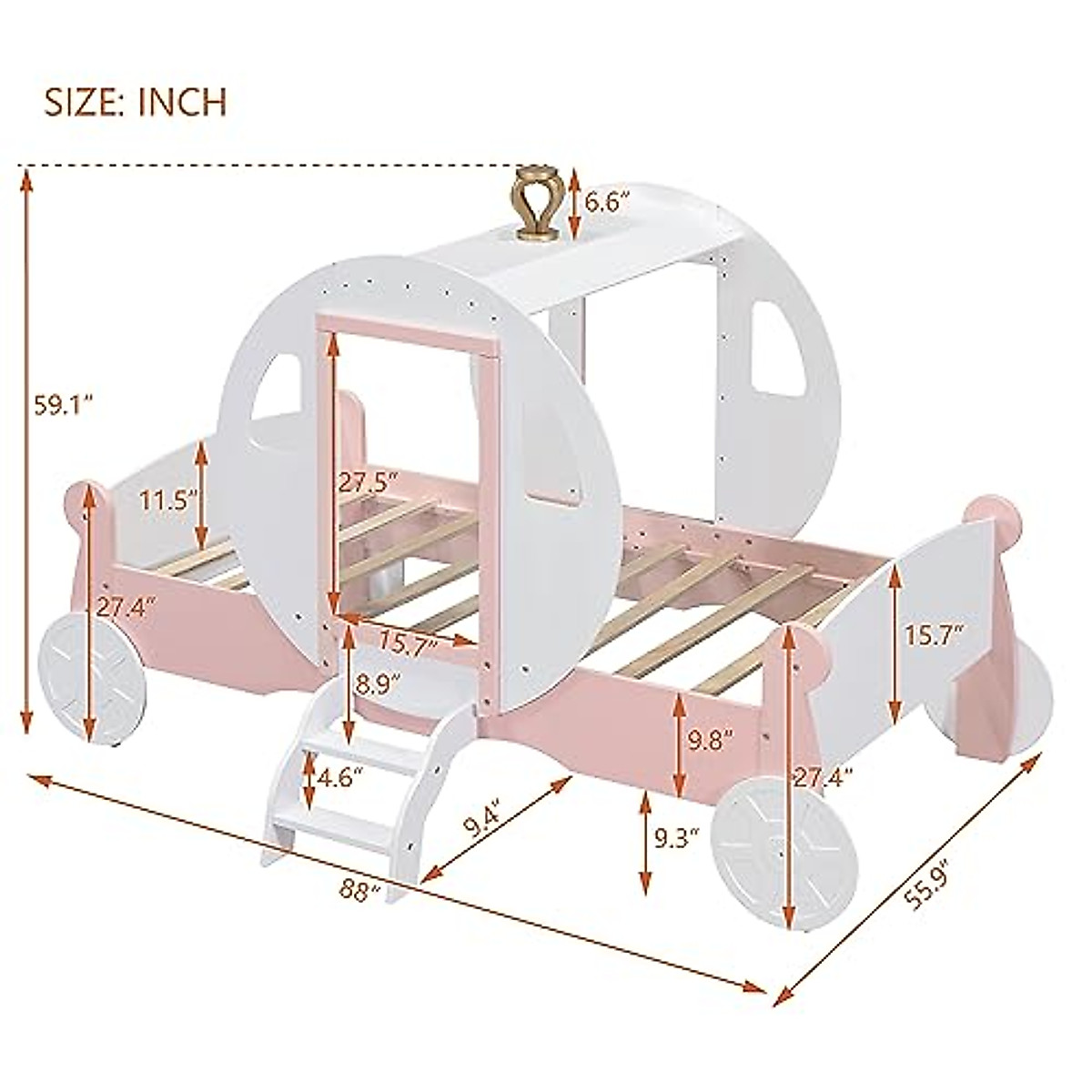 Twin Size Girls Bed Princess Bed, Little Girl Cute Bed with Headboard, Wooden Platform Bed for Children Bedroom, Pink