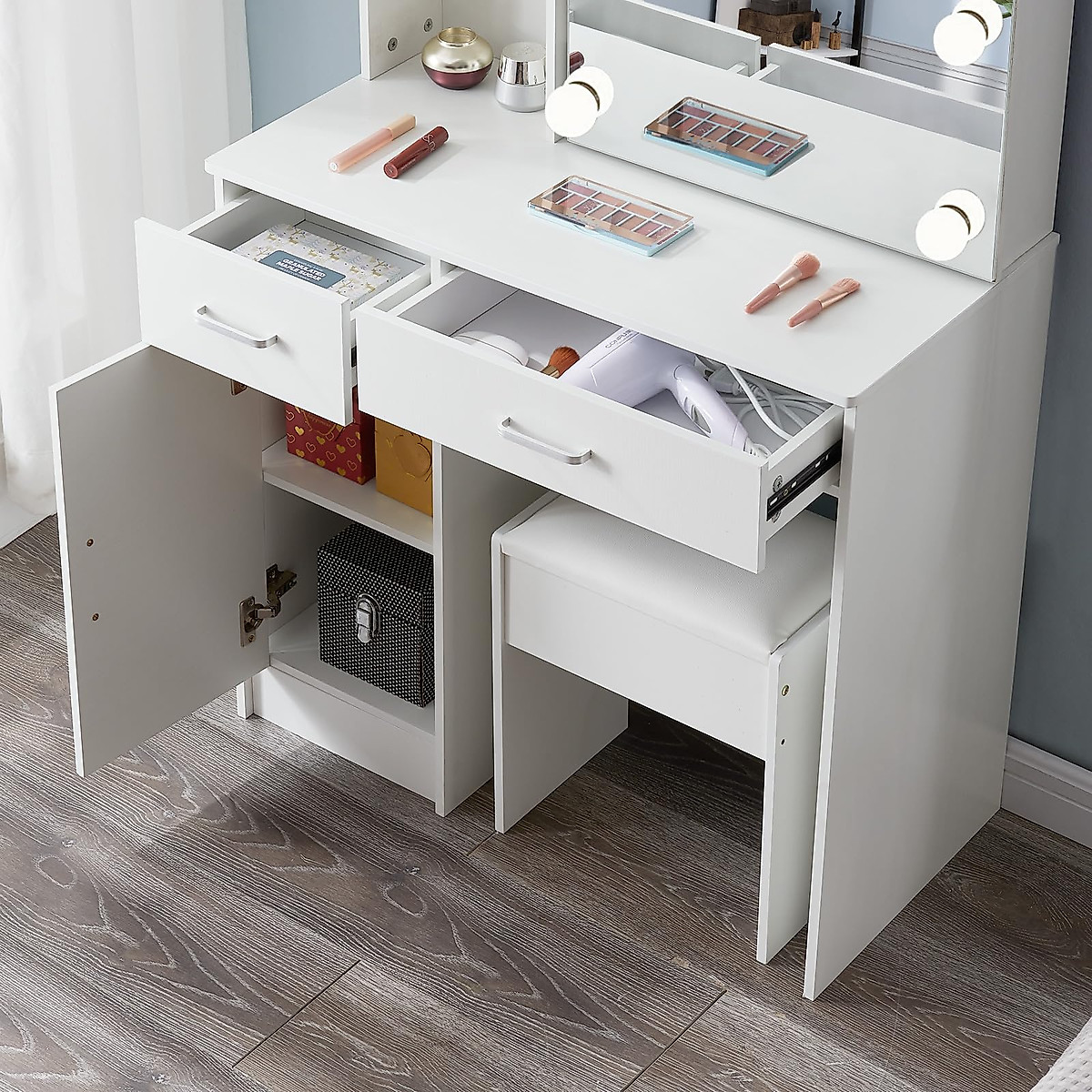 Absethink WhiteVanity Table,Make up Vanity Dressing Table with Mirror,Corner Vanity with Mirror with Lights,Vanity for Womens Vanities for Makeup