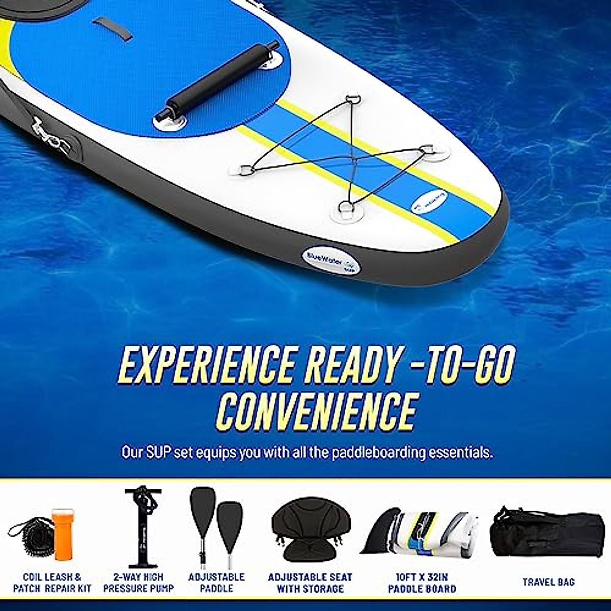 Blue Water Toys Inflatable Crossover Stand Up Paddle Board/Kayak Kit - Pump, Backpack, Coil Leash, Paddles, Detachable Seat, SUP 300 Pound Limit, 10 Feet by 32 Inches