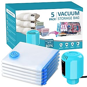 ZXA Vacuum Storage Bags with Electric Air Pump, 5 Pack Large 32''x 24'' Vacuum Seal Bags for Clothing, Space Saver Vacuum Storage Bags for Blanket, Duvets, Pillows, Comforters
