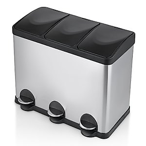 MoNiBloom 3-Compartment Step Trash Can with Soft-Close Lid for Kitchen Bathroom Bedroom Living Room Home Office Dorm Rectangular Fingerprint-Proof Foot Pedal Garbage Bin Stainless Steel 45-Liter