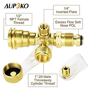 Aupoko 4 Port Propane Tee Adapter, Propane Cylinder Brass Tee Adapter Fitting for Motorhomes Tank RV Camping