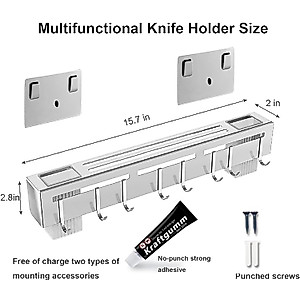Knife Holder, Stainless Steel Knife Holder with 8 Hooks, No Punching kitchen Wall Mounted Multifunctional Chopsticks & Knife Holder for Storing Chopsticks, Knives & Rags in Home/Hotel
