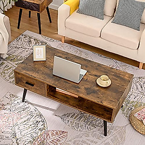 Iwell Mid Century Coffee Table with Drawer and Storage Shelf for Living Room, Wood Cocktail Table, Accent TV Table for Reception Room/Office, Easy to Assemble, Rustic Brown