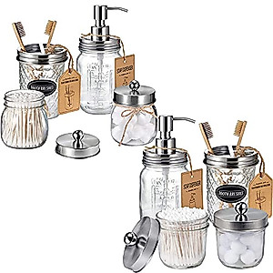 4 Pcs & 4 Pcs Brushed Nickel Mason Jar Bathroom Accessories Set- Lotion Soap Dispenser*2, Regular mouth Qtip Holder Set*2,Wide Mouth Cotton Swab Holder*2,Toothbrush Holder*2,Rustic Farmhouse Decor