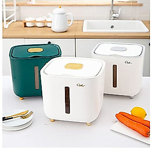 HOMHOLDON 22 Lbs Rice Dispenser, Large Sealed Grain Storage Container with Measuring Cup Food Dispenser Kitchen Organizer Storage bins for Rice,Beans,Grains,Cereal Dry Food,Pet Food(White&Gold)