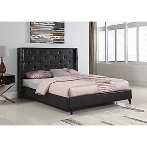 King Upholstered Platform Bed Frame with 51" Tall Headboard - Button Tufted Leather Bed - Wood Slat Support with Storage Space - No Box Spring Needed - Easy Assembly - Black - Oliver & Smith Astor