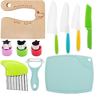 CCOZN 11PCS Kids Knife Set , Toddler Knife Set Kids Safe Knives for Real Cooking Serrated Edges Kids Cooking Utensils Kitchen Tools for Toddlers , Cutting Board Potato Slicers Cooking Knives