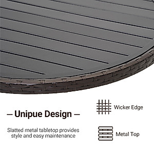 PORWEY 3 Piece Patio Bar Set, Outdoor Rattan Wicker Bar Height Table and Chairs Set, High Top Bistro Set with Pub Table and 2 Cushioned Stools, Outdoor Furniture Set for Backyard Poolside Porch, Beige