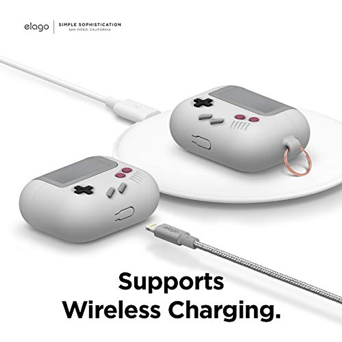 elago AW5 Compatible with Airpods Pro Case, Classic Handheld Game Console Design Case with Keychain, Durable Silicone Construction, MagSafe Compatible [US Patent Registered] [Light Grey]