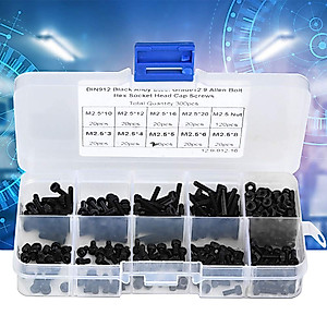 M2.5 x 3-20mm Alloy Steel Socket Head Screws, Black Screw Bolt with Nut, 300Pcs Socket Head Cap Screw Fastener for Professionals Amateurs