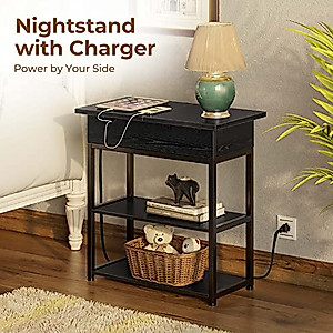 Rolanstar Black Bookshelf 6 Tier with 4 Hooks, Industrial Wood Bookcase, Vintage Storage Rack Bundle End Table with Charging Station Set of 2 Living Room Side Table