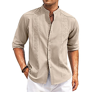 COOFANDY Men's Linen Beach Shirt Shirts Casual Long Sleeve Button Down Linen Cuban Camp Collarless Solid Shirt Khaki