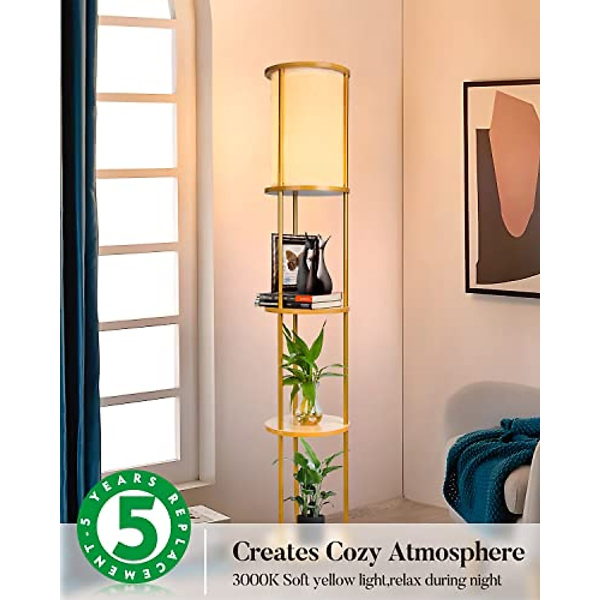 Floor Lamp with Big Shelves,3-Tier Golden Cylinder Shelf Floor Lamps with 3000K Warm Soft Brightness E26 LED Bulb (Included), Linen Shade Storage Wood Texture Modern Floor Lamp with Foot switch