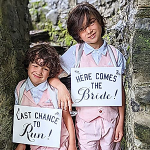 Set of 2 Wedding Signs for Ring Bearers & Flower Girls | Here Comes The Bride and Last Chance To Run Funny Ceremony Banners (Here Comes The Bride + Last Chance To Run)