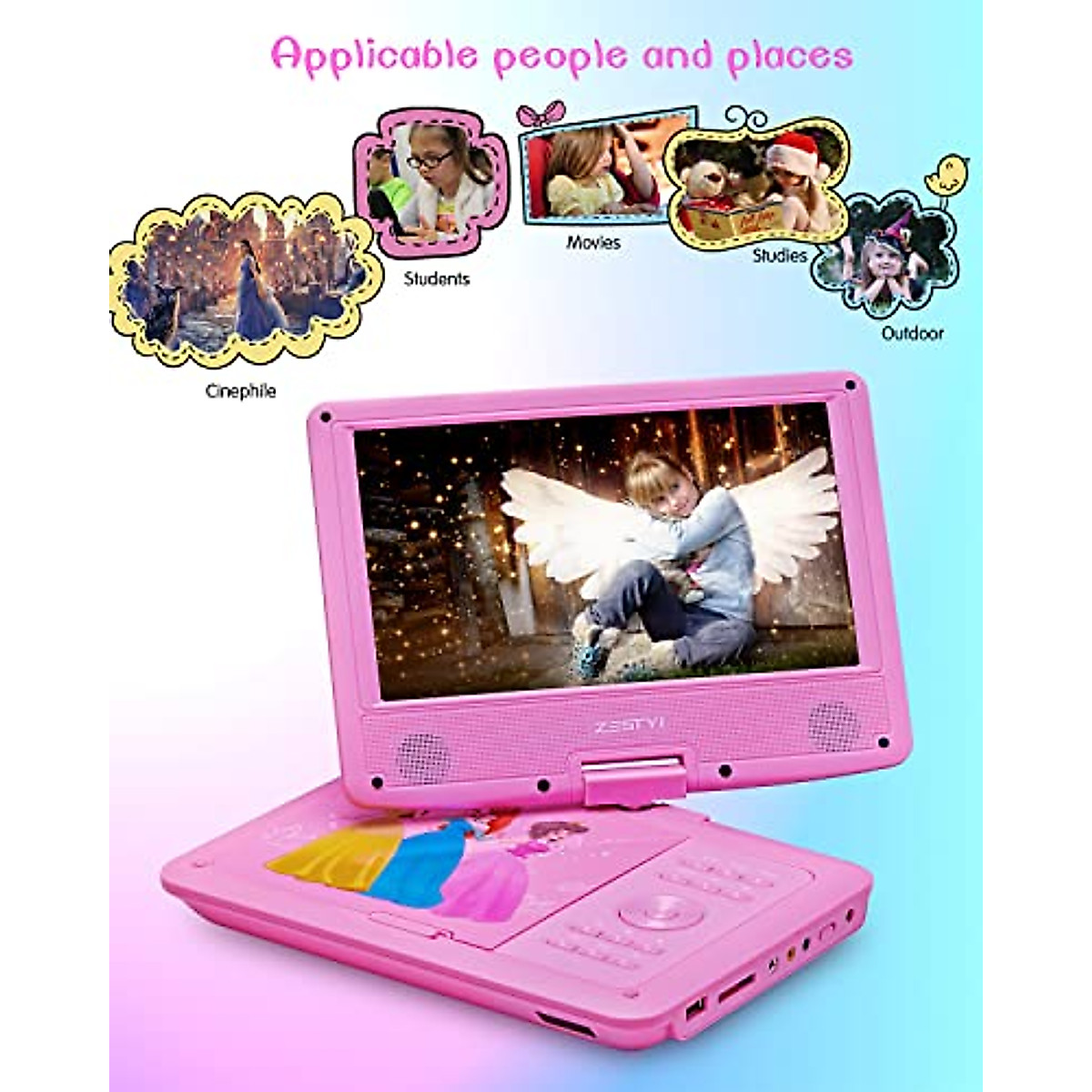 SYNAGY 11" Portable DVD Player for Kids with 9.5 inch HD Swivel Screen, Car Headrest Mount Holder, Rechargeable Battery, Car Charger, Wall Charger, SD Card Slot, USB Port (Pink)