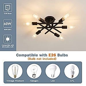 ASGYISA Semi Flush Mount Modern Ceiling Light Fixture， 6 Lights Black Vintage Matte Sputnik Chandelier Ceiling Lamp with E26 Bulb Base for Farmhouse Dining Room Living Room Bedroom Study Kitchen