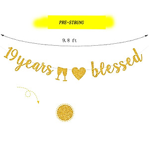 19 Years Blessed Gold Paper Sign Banner for Boy/Girl's 19th Birthday Party Supplies,Pre-Strung 19th Wedding Anniversary Party Decorations