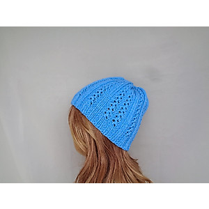 Womens Beanie Hat with Lace Design, Sky Blue, 100% Wool, Hand Knit Snug Cap, Teen Girls Skater Skullie