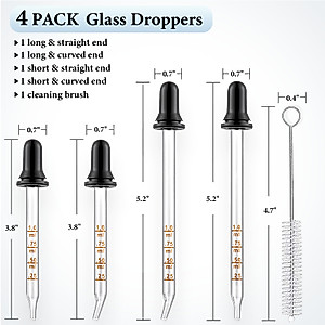 4 Pack 1ml Glass Eye Dropper with Measurement, Glass Medicine Droppers Tool, Long & Short, Bent & Straight Tip Calibrated Pipettes Dropper, Accurate Dose Dropper Measurer for Essential Oils Ear Lab