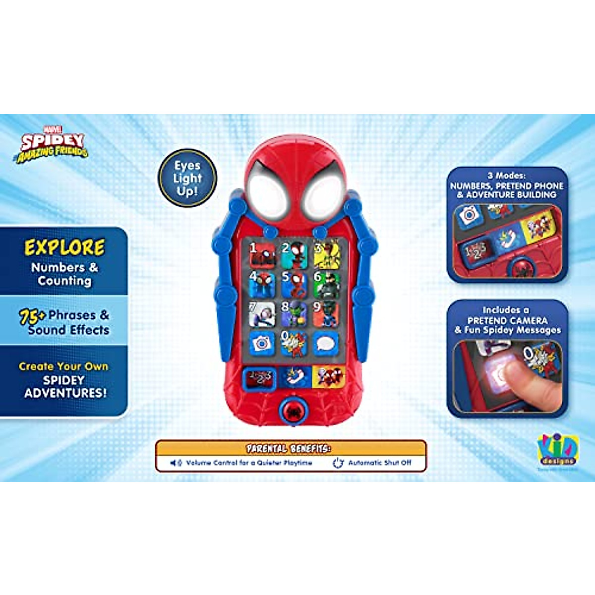 eKids Spidey and His Amazing Friends Toy Phone, Toddler Toys with Built-in Preschool Learning Games, Educational Toys for Toddler Activities and Pretend Play, for Fans of Spiderman Toys and Gifts