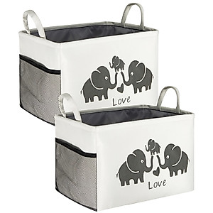 HIYAGON 2 Pack Rectangular Storage Basket,Canvas Toys Storage Bin Organizer,Large Storage Box with Sides Mesh pockets for Home,Shelves,Closet,Bedroom(2 Love Elephants)