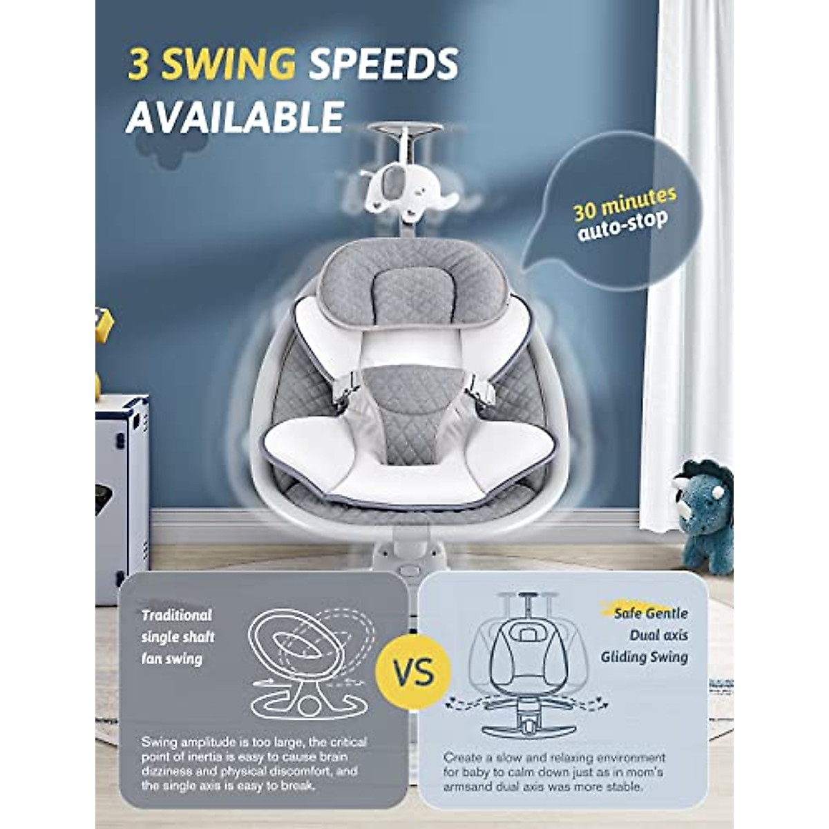 Baby Swings for Infants, Electric Portable Baby Swing by Remote Control 3 Swing Speeds and Music Speaker, Adjustable Recline Baby Bouncer with Harness Belt Suitable for 5-20 lbs Newborn Toddler