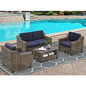 MELLCOM 4-Piece Outdoor Sectional Sofa Couch, Patio Furniture Set with Cushions and HDPE Table Top, Handwoven PE Wicker Rattan Patio Conversation Set for Patio, Garden, Yard, Pool, Brown and Blue