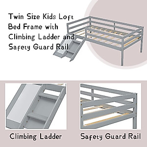 Low Loft Bed with Slide, Twin Size Kids Loft Bed Frame with Climbing Ladder and Safety Guard Rail, Wood Junior Loft Bed for Girls, Boys, Kids, Matte Gray.