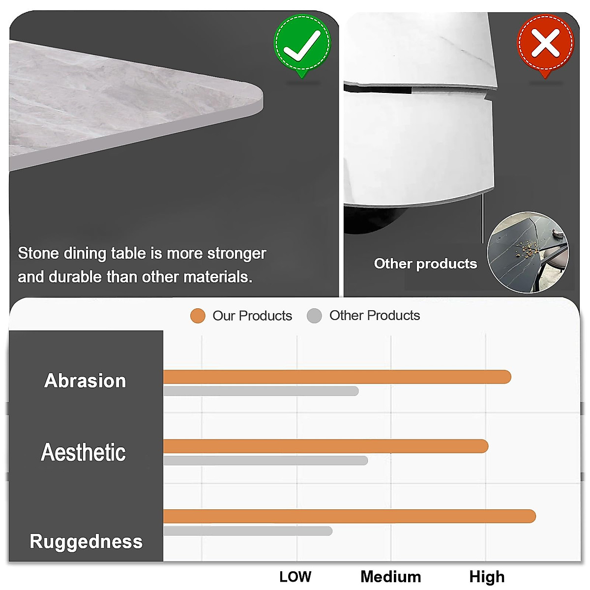 AmoUnico 63 inch Marble Sintered Stone Dining Table, Rectangular Modern Dinner Table for 6-Seat with Metal Legs, Restaurant Table for Living Room (Gloss Grey, Slanted Legs)