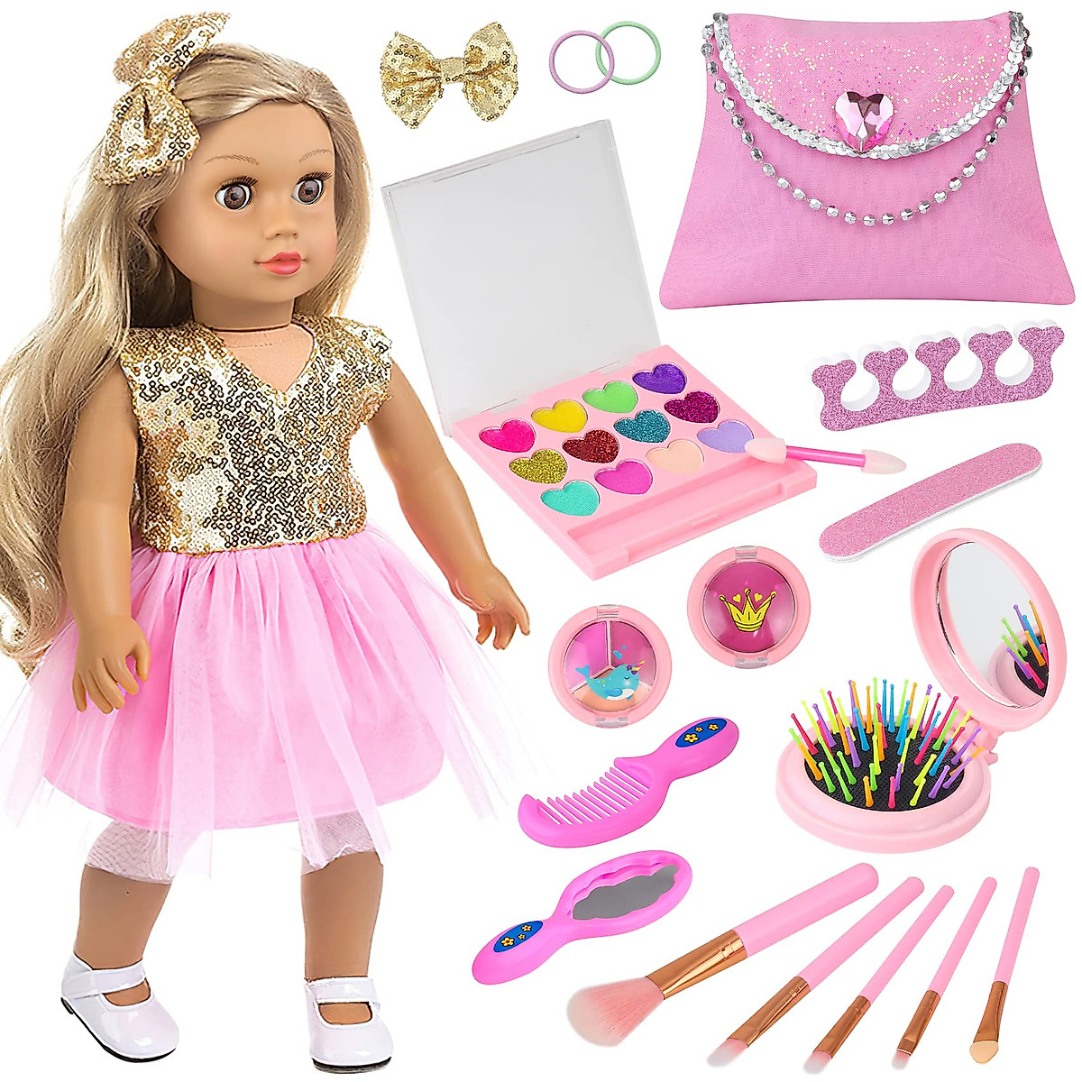 Ecore Fun 19 Pcs American 18 Inch Doll Clothes and Accessories Make Up Sets Includes Doll Dress Cosmetic Bag and Makeup Stuff for 18 Inch Doll Gneration Dolls（No Doll）