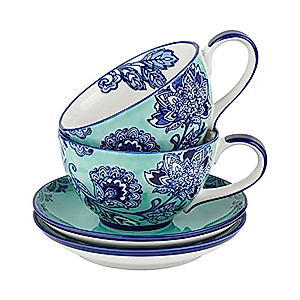 Taimei Teatime Ceramic Coffee Cups and Saucers,10.8oz Tea Mugs with Plates of 2, Green Handpainted Floral Large Tea Mugs for Tea, Cappuccino, Latte or Americano