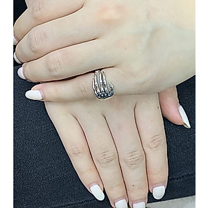 Vintage Skull Hand S925 Sterling Silver Open Band Ring for Women Girls Statement Adjustable Expandable Oxidized Gothic Skeleton Devil's Talons Finger Pinky Rings Comfort Fit Unisex Personalized Jewelry