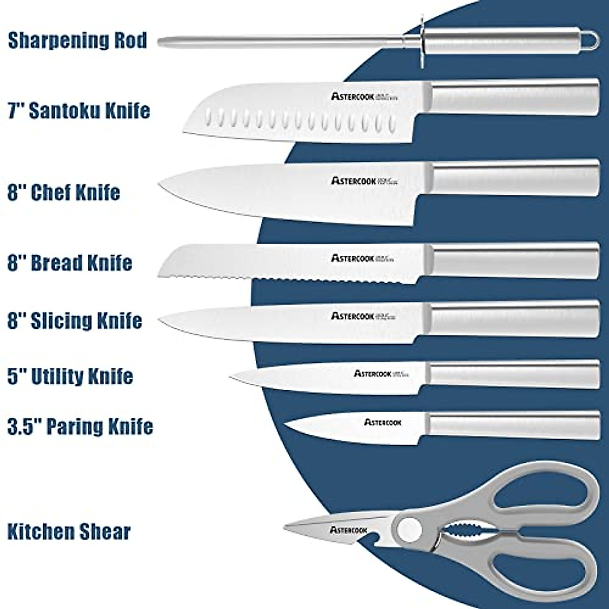 Knife Set, 15 Pieces Chef Knife Set with Block for Kitchen, German Stainless Steel Knife Block Set, Dishwasher Safe, Best Gifts, Silver Knives & Elegant Black Holder