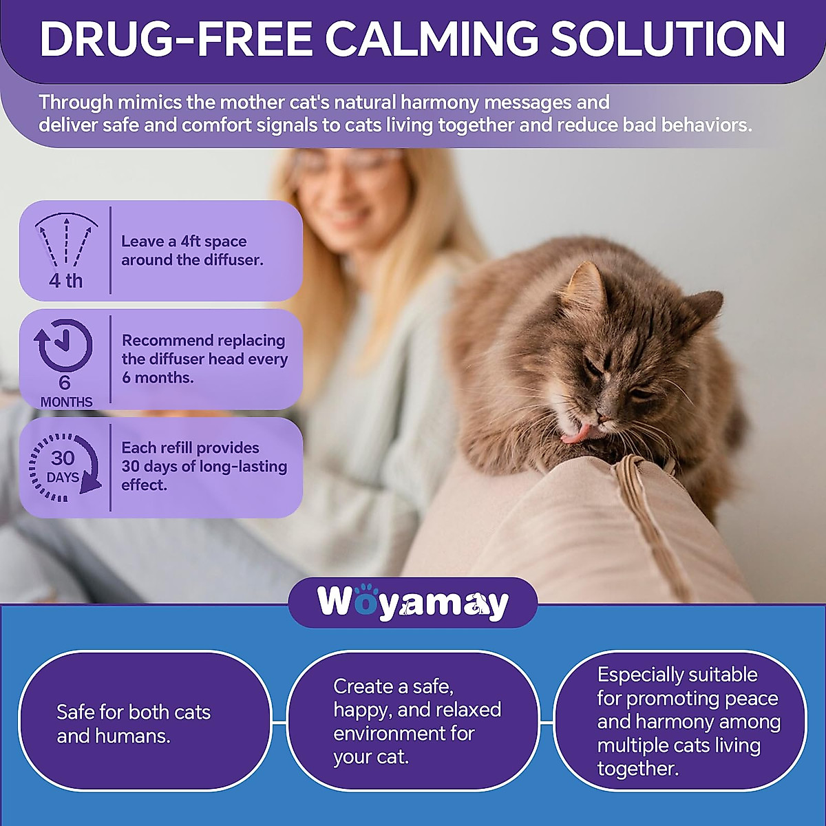 Woyamay Cat Calming Diffuser Kit - 3-in-1 Cat Pheromone Diffuser for Anxiety & Stress Relief-Includes 1 Diffuser and 2 Refill Vials (48ml Each)-Provides 60 Days of Comfort and Relaxation for Your Cat