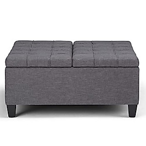 SIMPLIHOME Harrison 36 inch Wide Square Coffee Table Lift Top Storage Ottoman in Upholstered Slate Grey Tufted Linen Look Fabric for the Living Room,