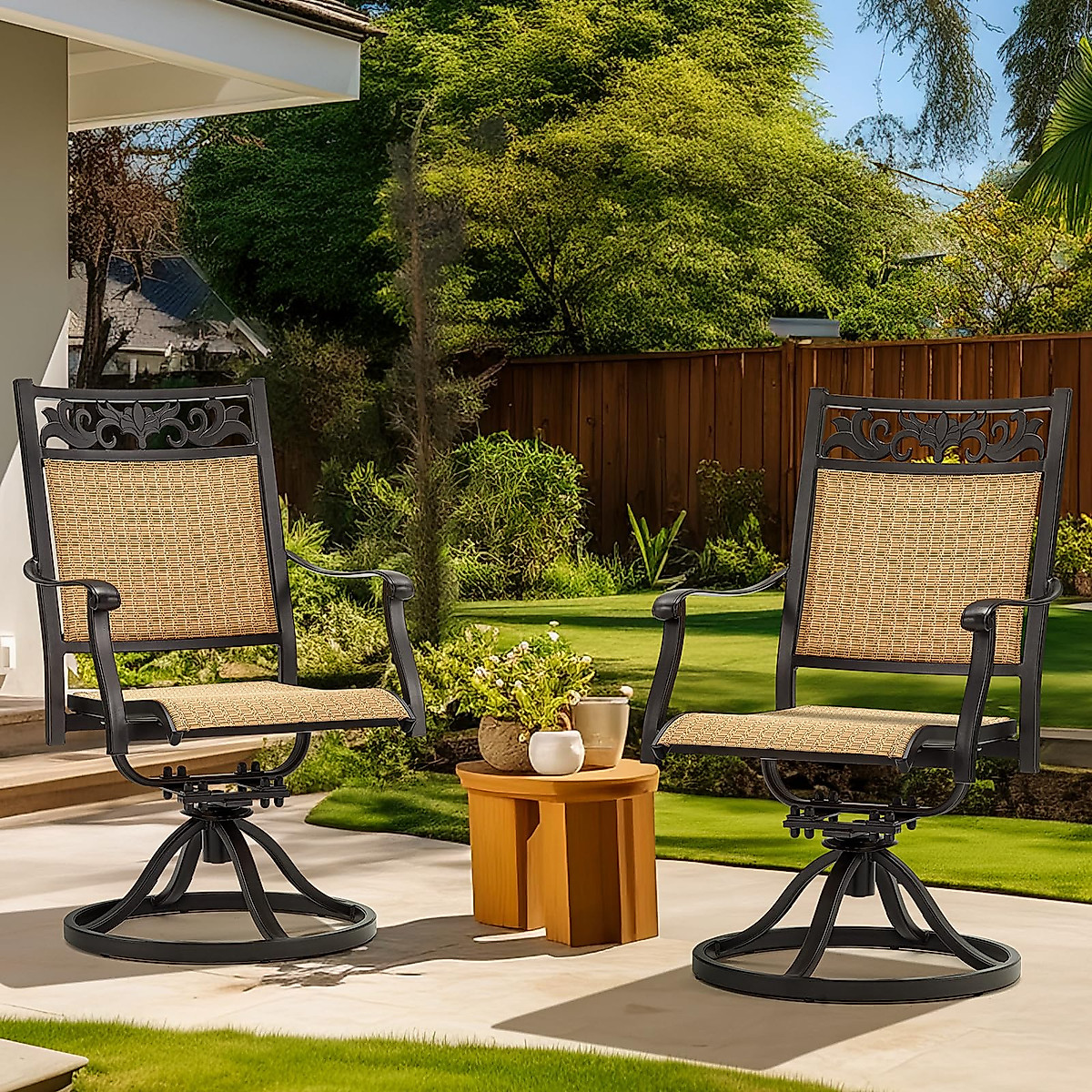 EROMMY Patio Swivel Chairs Set of 2, All-Weather Cast Aluminum Patio Sling Dining Chairs, Outdoor Swivel Rocker Chairs for Backyard, Garden, Deck, Porch, Balcony, Brown