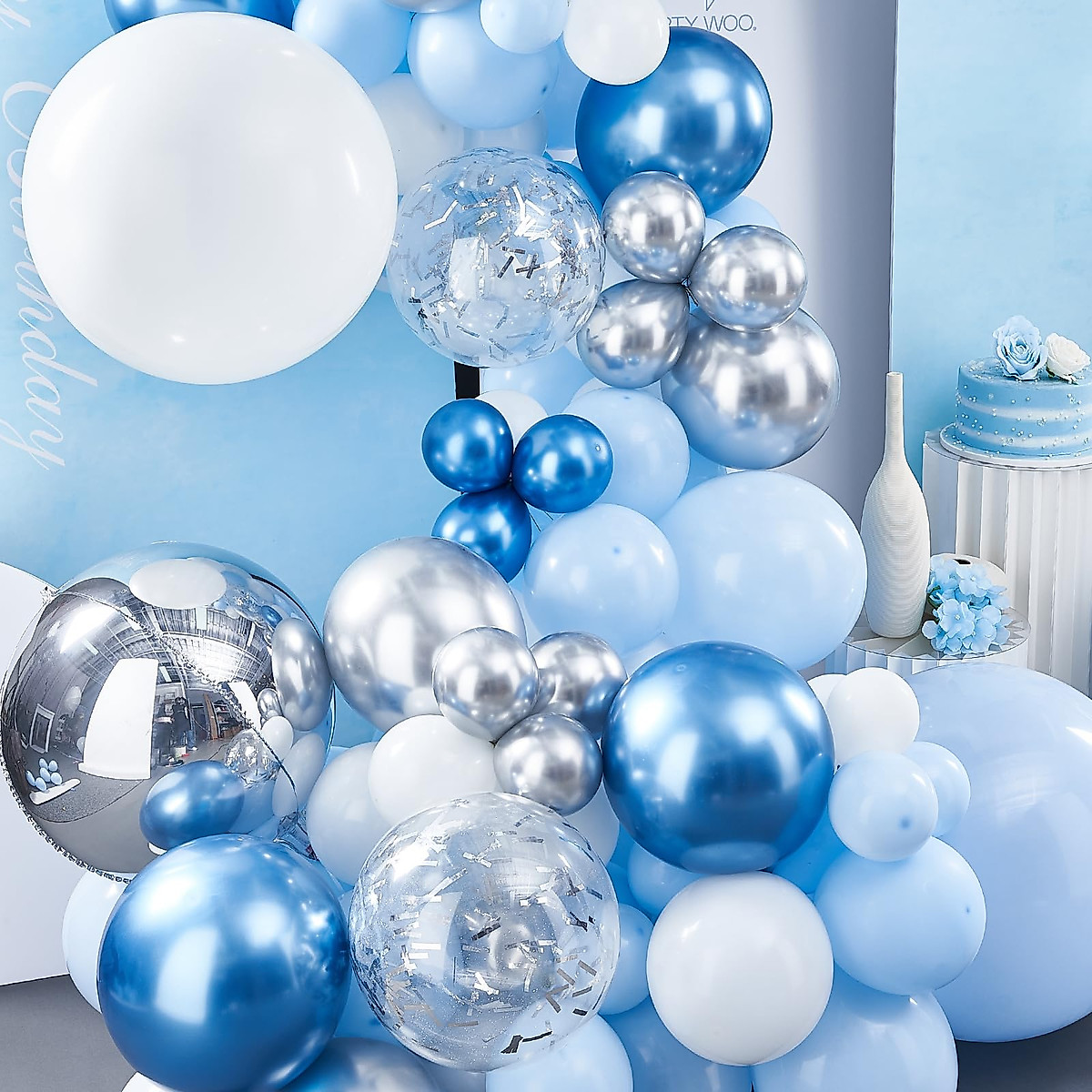PartyWoo Blue Balloon Garland Kit, 140 pcs Blue and White Balloon Arch Kit, 4D Silver Balloons, Metallic Balloons, Confetti Balloons for Baby Shower Decorations, Birthday Decorations, Baptism
