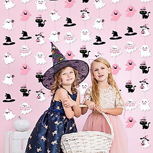 Ceenna 9 Pcs Halloween Baby Shower Decorations Pink and Black Paper Garland Banner Little Boo Bat Witch Hat Cat Hanging Decorations for Girl Birthday Party Favor Supplies