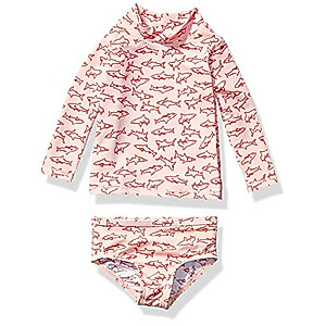 Amazon Essentials Baby Girls' UPF 50+ 2-Piece Long-Sleeve Rash Guard Set, Pink Shark, 3 Months