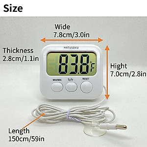 HATUSOKU Digital Thermometer with External Sensor, Magnet, Suction Cup, Water Thermometer, Aquarium, Refrigerator, Freezer (White)