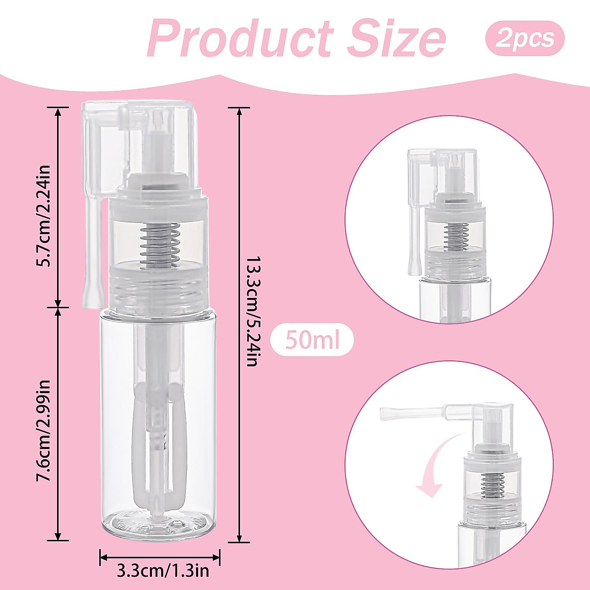 2 Pcs 50ML Empty Powder Spray Bottle, Glitter Duster Sprayer, Portable Travel Spray Bottle, Barber Spray Bottle, Dry Spray Bottle for Cakes, Crafts, Dry Cleaning Powder, Glitter, Skin Care