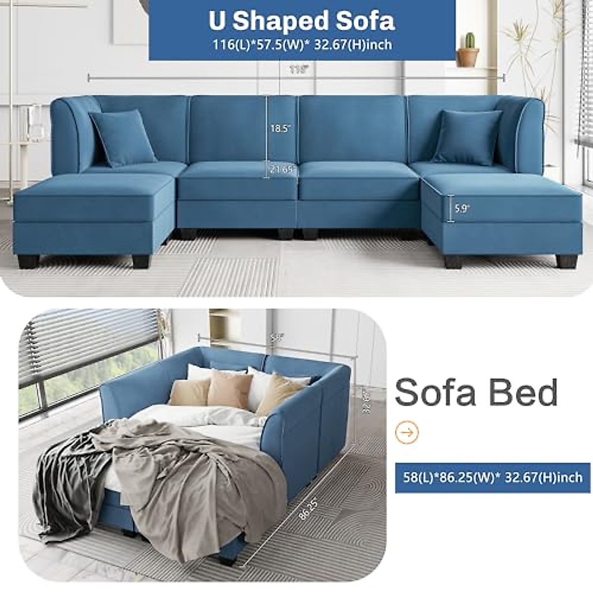 JAMFLY 116'' Modular Sectional Sofa with Reversible Chaise, U-Shape Convertible Sectional Sofa Couch with 6 Seats, Velvet Modern Sleeper Modular Couch with Ottomans for Living Room