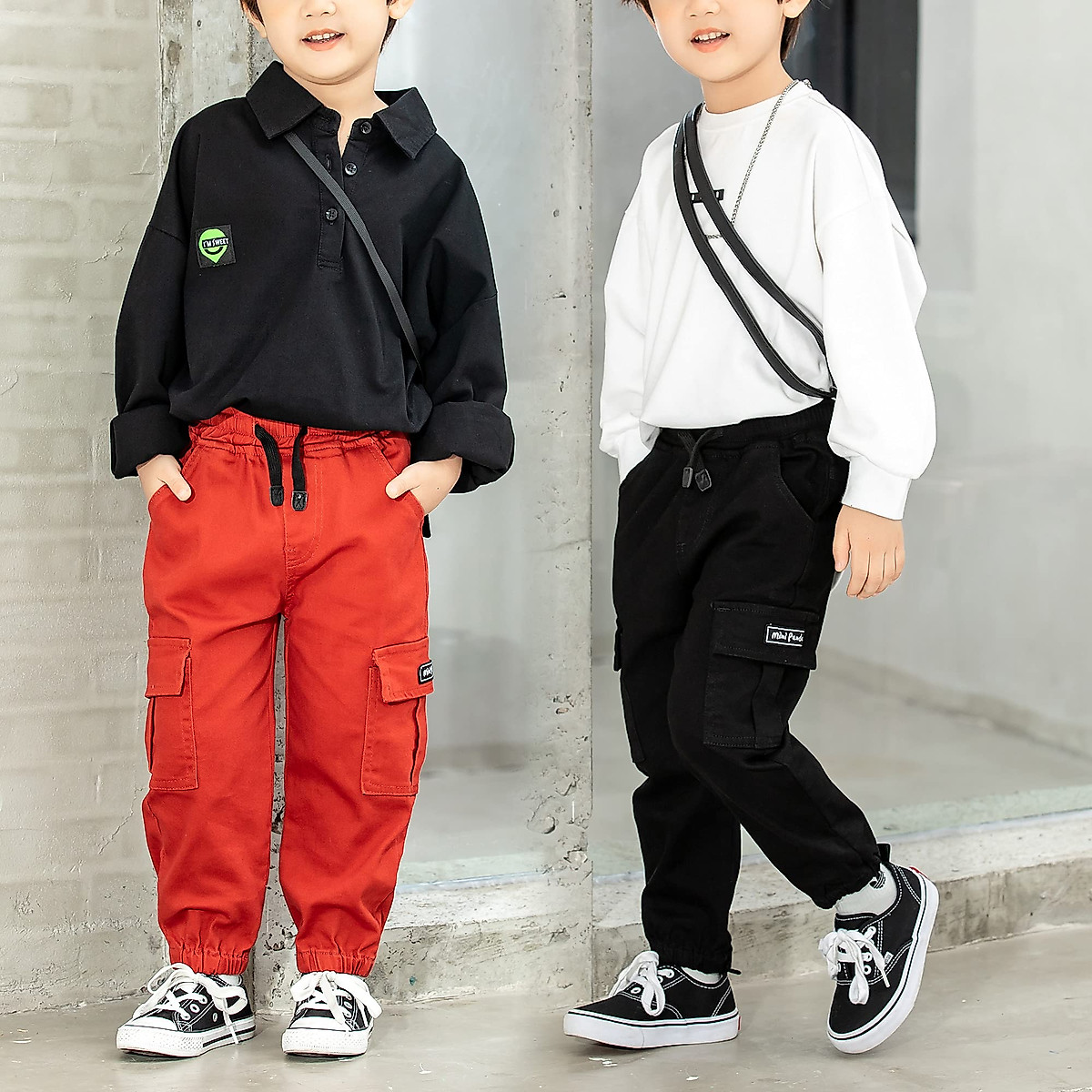 MINI PANDA Toddler Boy Pants, Little Boys 2-Pack Pull On Pants (Black+Red, 4T)
