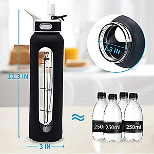 32 Oz Glass Water Bottle with Straw & Silicone Sleeve 100% BPA Free Borosilicate Glass Water Bottle, 1L Wide Mouth Leakproof Lids Motivational Time & Ounce Marker Ensure Track H2o Goal