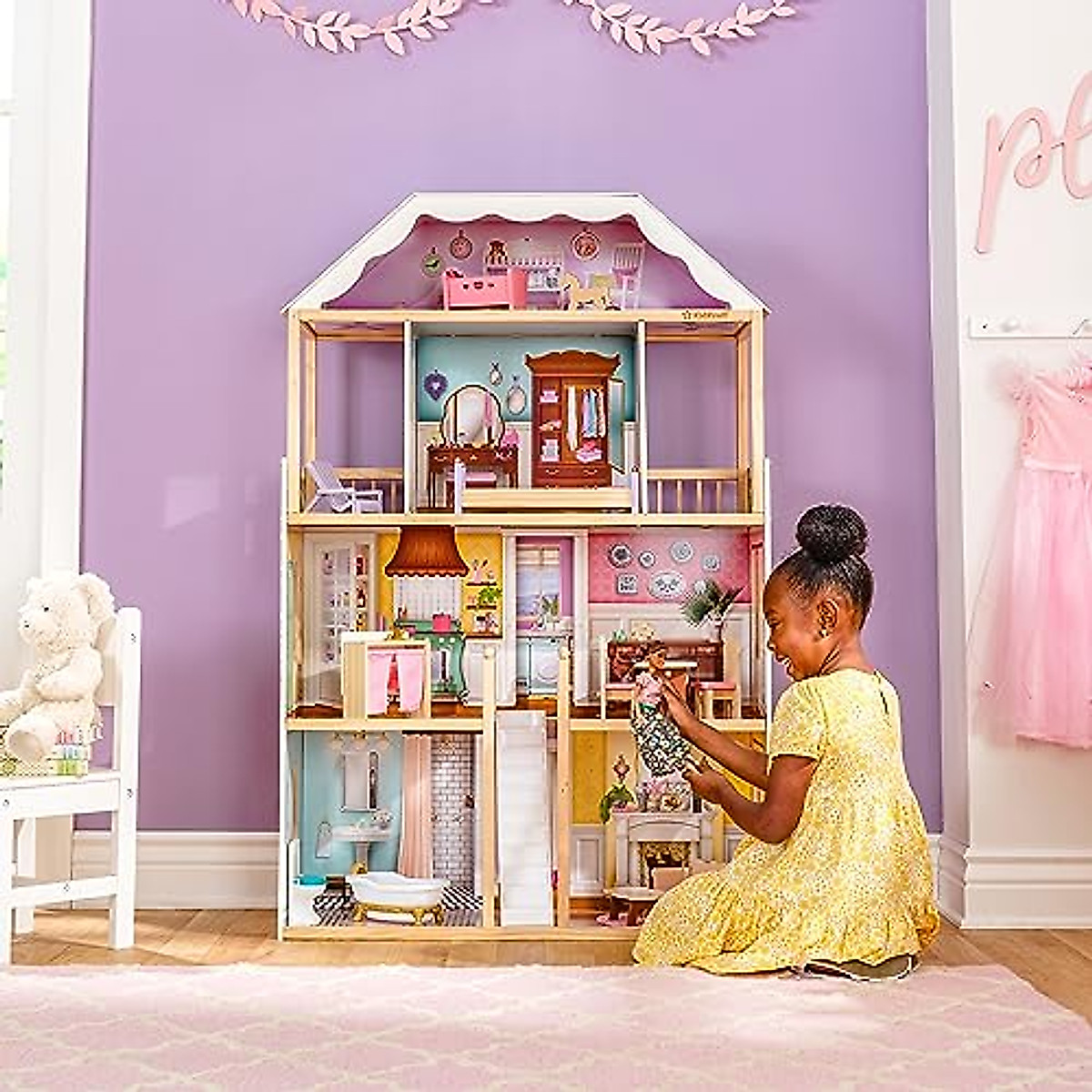 KidKraft Charlotte Classic Wooden Dollhouse with EZ Kraft Assembly™, 14-Piece Accessory Set, for 12-Inch Dolls, Gift for Ages 3+