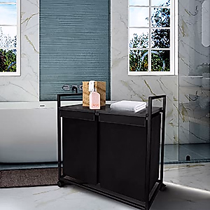 PAKLORDE Laundry Hamper with Lid,Wheels Laundry Basket Sorter 2 x 14 Gal (112L),Top Shelf,600D Oxford Sorter Bag Metal Frame Industrial for Bathroom Dorm Living Room Bedroom (Black Oak)