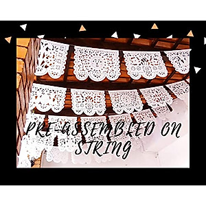 Mexican Party Decorations, 5 Pk White Papel Picado Banner Over 83 Feet long, For Wedding decorations, quinceañeras, birthdays, Mexican PAPER 50 Wedding Flags on string WS93