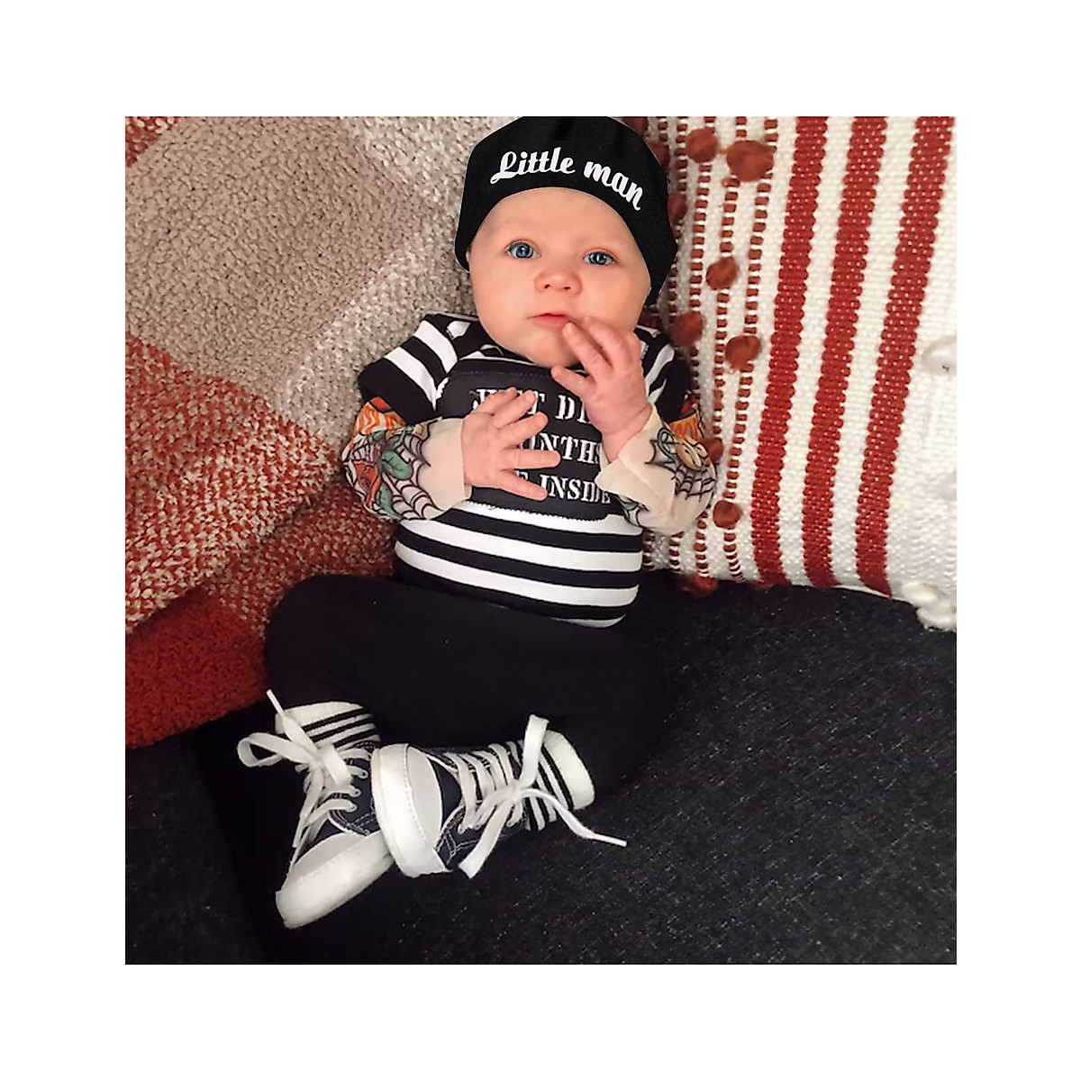 Baby Boy Clothes 0-3 Months Fake Tattoo Sleeve Just Did 9 Months On The Inside Funny Baby Romper Rockabilly Bodysuits +Little Man Hat + Skull Pant 3PCS Outfits Set