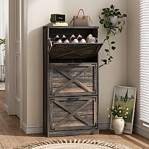 Maupvit 24" W Farmhouse Shoe Cabinet Storage for Entryway, Freestanding Organizer with 3 Flip Drawers, Narrow Shoe Rack Cabinet with Metal Corner Decoration, Dark Rustic Oak
